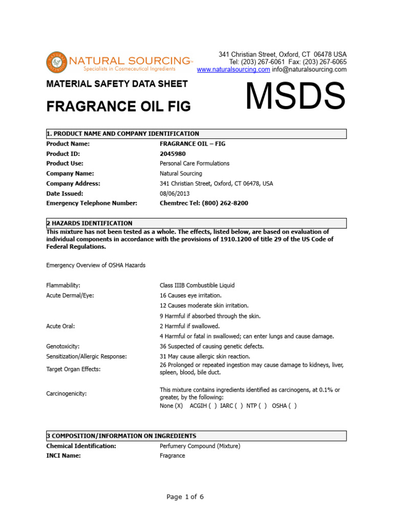 MSDS Fragrance Oil Fig | Download Free PDF | Dangerous Goods | Perfume