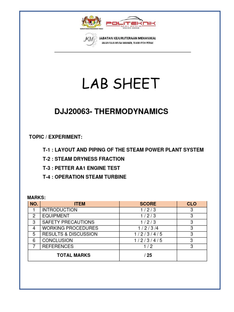 Lab Sheet Djj20063 - All | PDF | Turbine | Steam