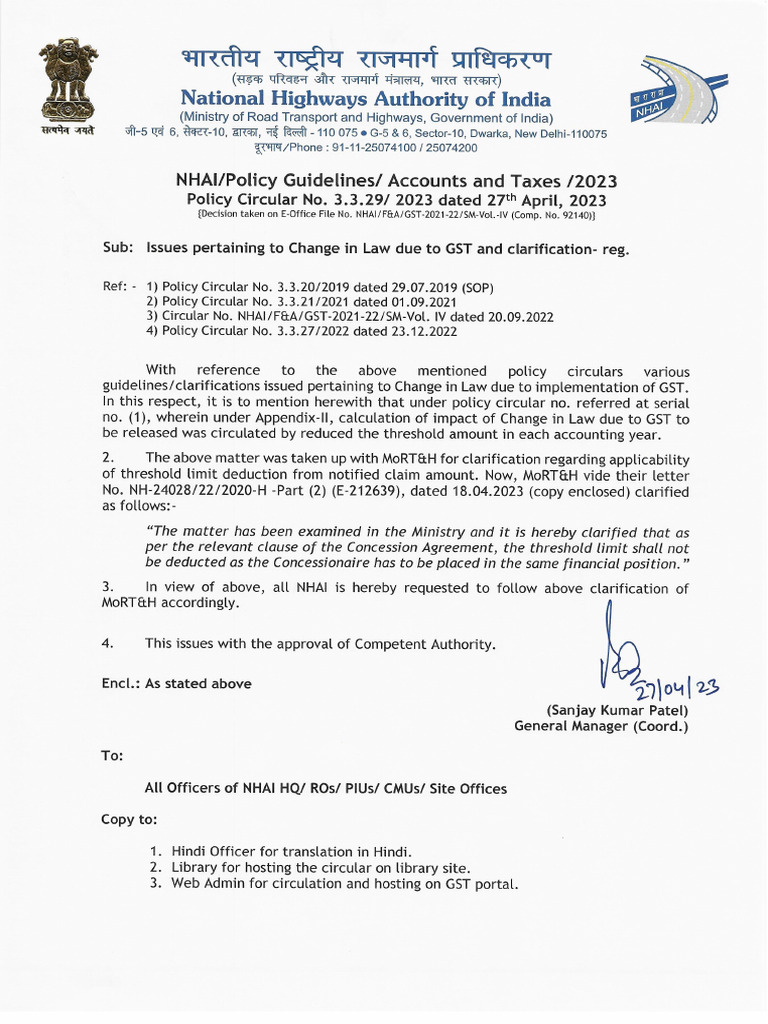 NHAI Policy Circular 3-3-29 | PDF