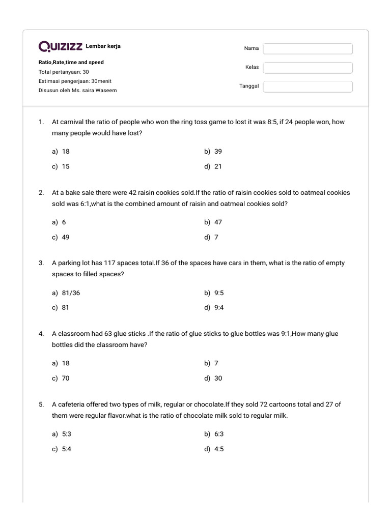 Ratio, Rate, Time, and Speed Worksheet | PDF