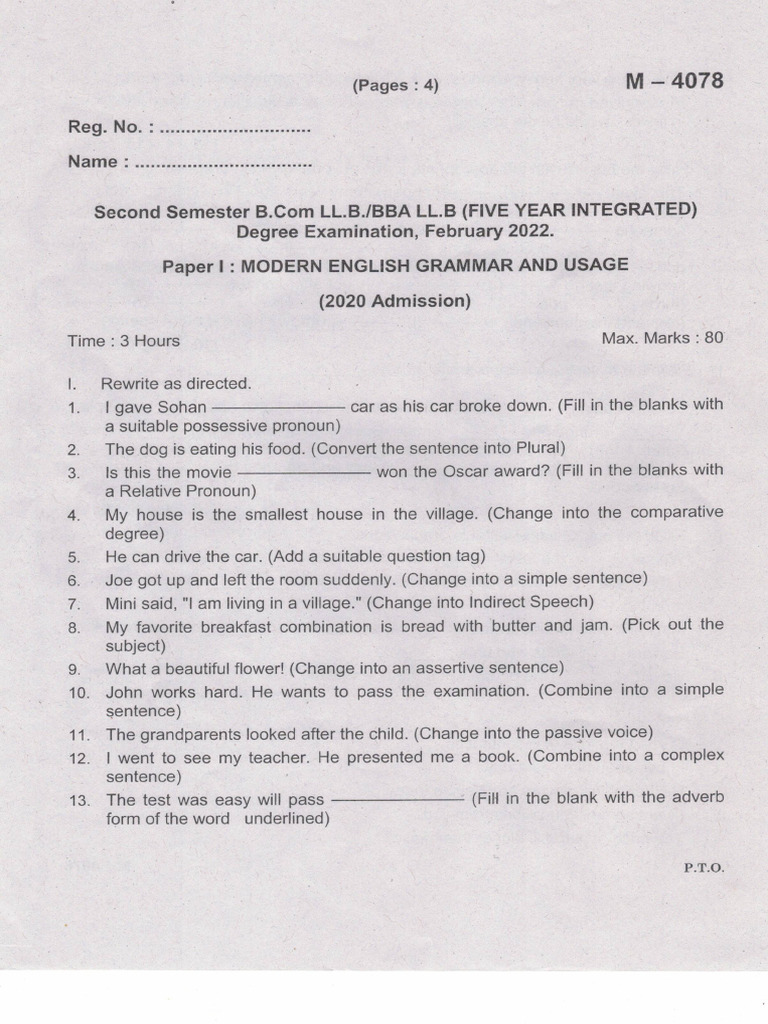2nd BBA BCom Modern Eng Grammar Usage Feb 2022 (2020) | PDF