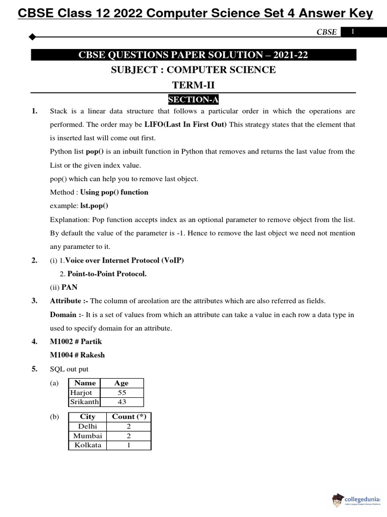 Cbse Questions Paper Solution - 2021-22: Subject: Computer Science Term-Ii | PDF | World Wide ...