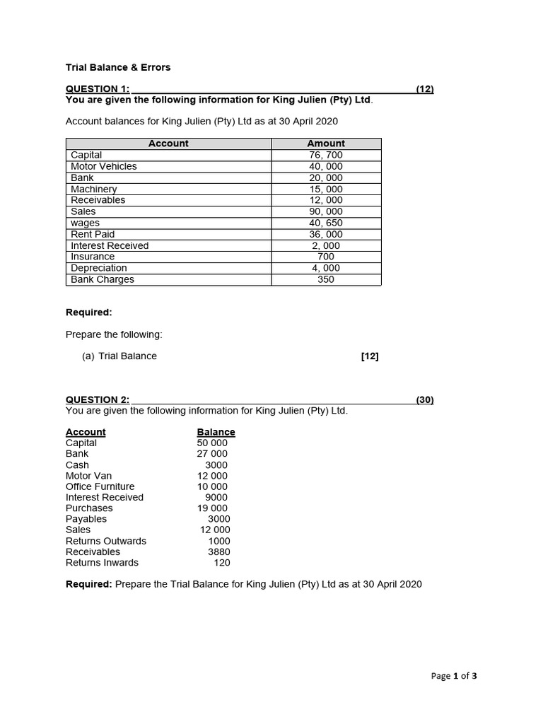 Tutorial 5 Trial Balance and Errors. | PDF
