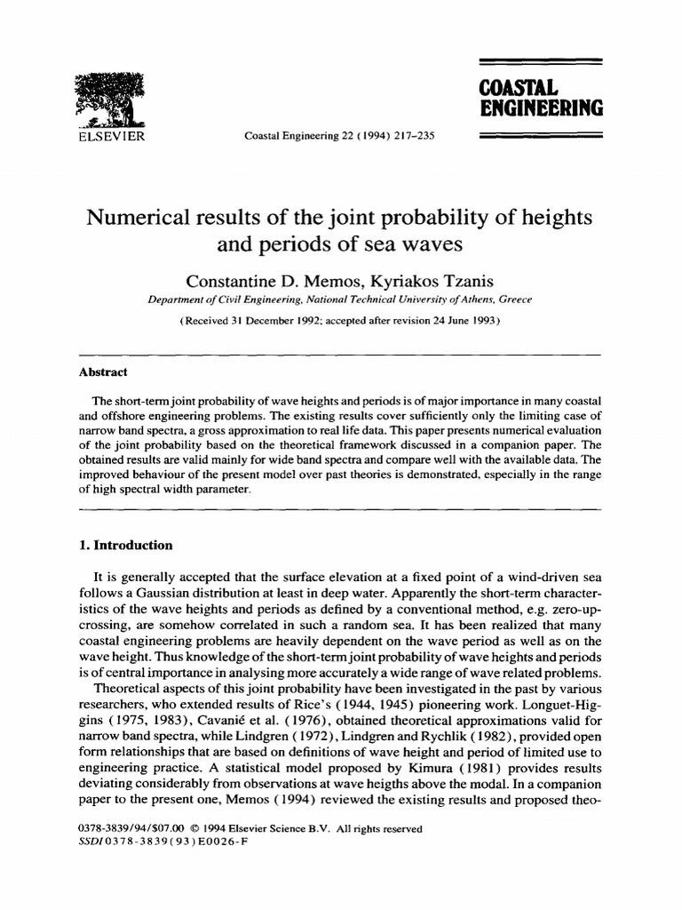 Numerical Results of The Joint Probability of Heights and Periods of Sea Waves | PDF | Normal ...