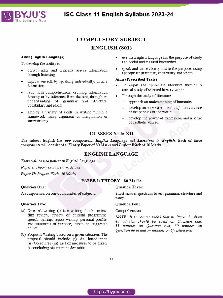 ISC Class 11 English Syllabus 2023 24 | PDF | Reading Comprehension ...