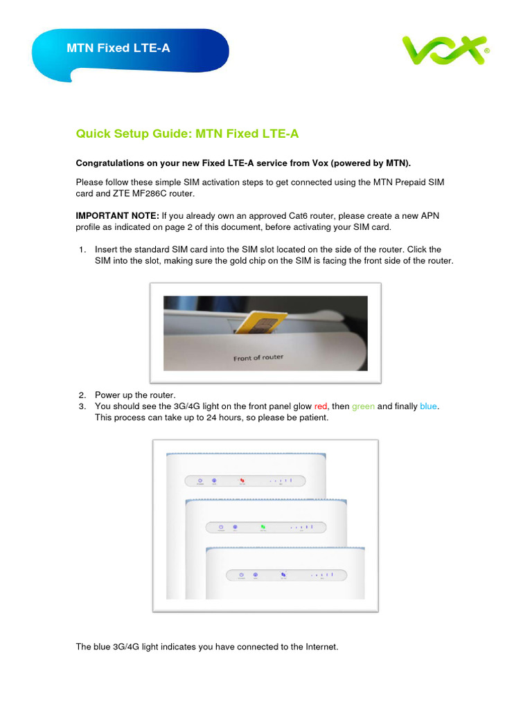 MTN Fixed LTE-A Quick Setup | PDF