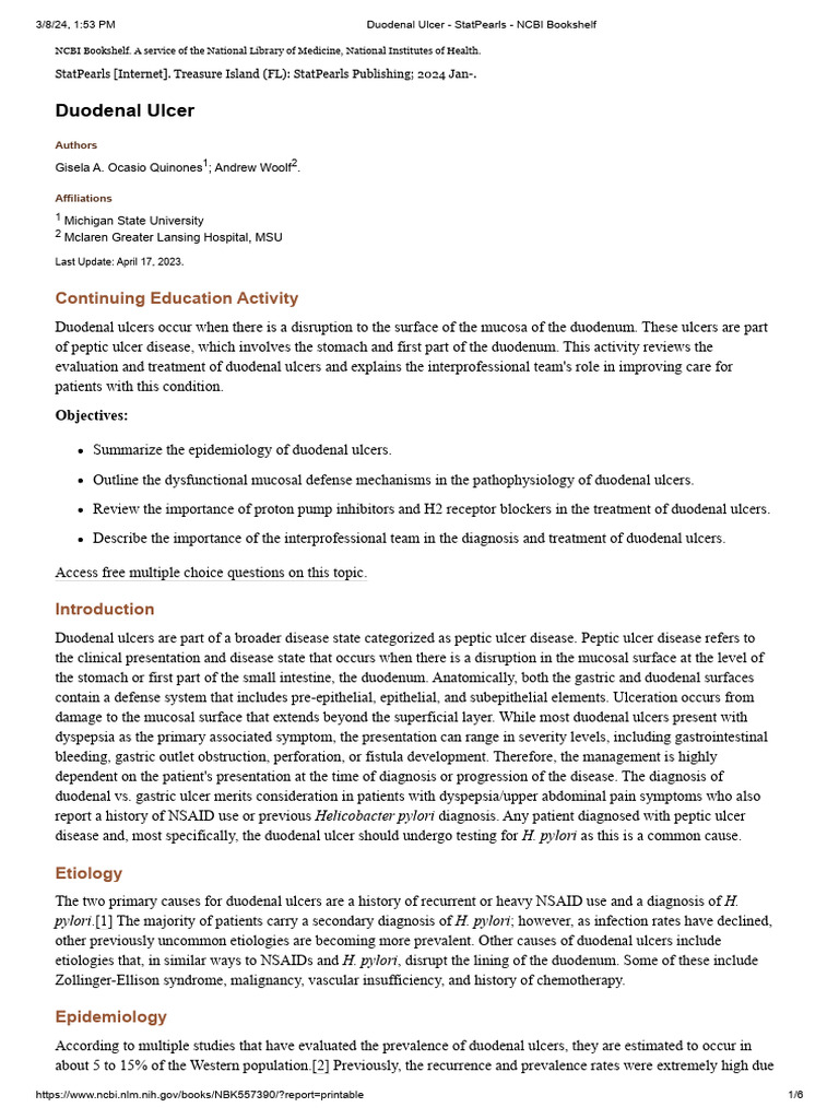 Duodenal Ulcer - StatPearls - NCBI Bookshelf | PDF | Indigestion | Medicine