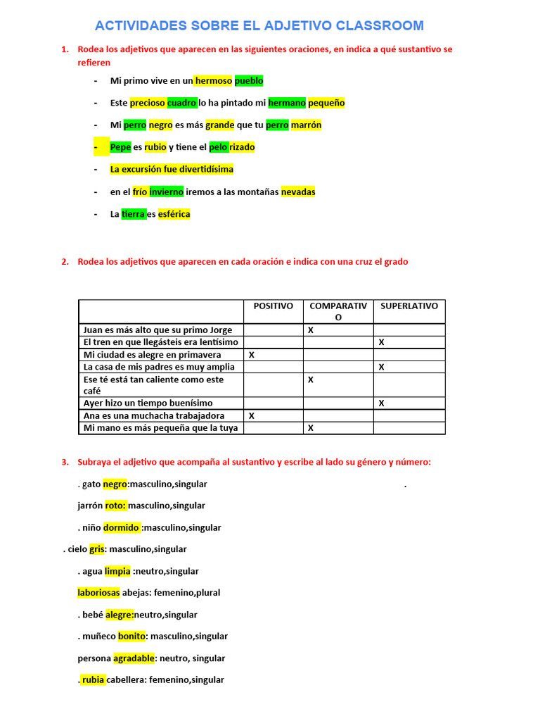 Actividades Sobre El Adjetivo Classroom | PDF | Adjetivo