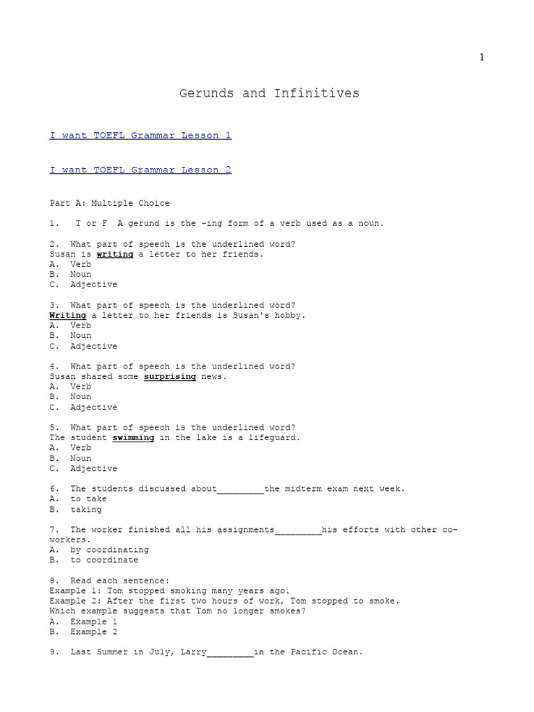 Gerund and Infinitive Quiz | PDF | Part Of Speech | Verb