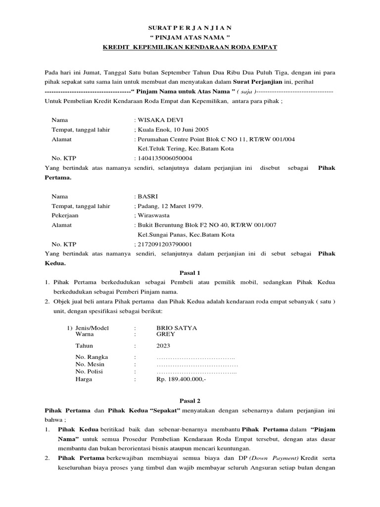 Perjanjian Pinjam Nama | PDF | Pengelolaan Keuangan & Uang