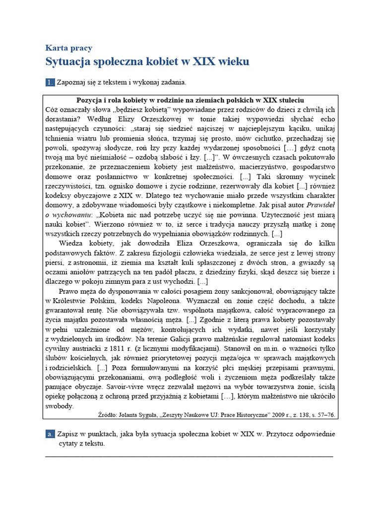 Karta Pracy Do Podrecznika Nauczyciela Sytuacja Spoleczna Kobiet W Xix W Temat 17 | PDF