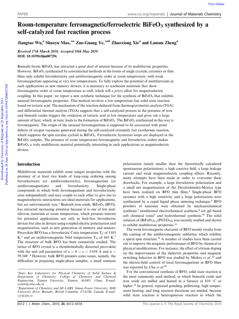 Room-temperature ferromagneticferroelectric BiFeO3 synthesized by a | PDF | Ferromagnetism ...
