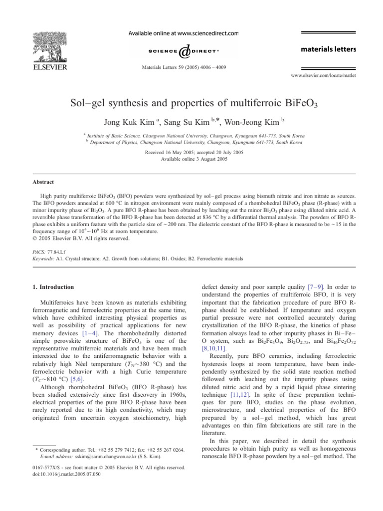 Sol–Gel Synthesis and Properties of Multiferroic BiFeO3 | PDF | Phases ...