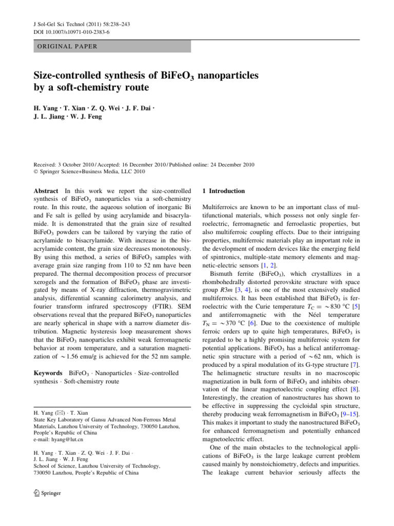 Size Controlled Synthesis of BiFeO3 Nanoparticles by A Soft Chemistry Route - 2011 - Journal of ...