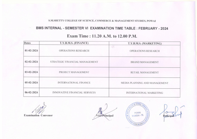 Tybms Vi Sem Internal Time Table | PDF