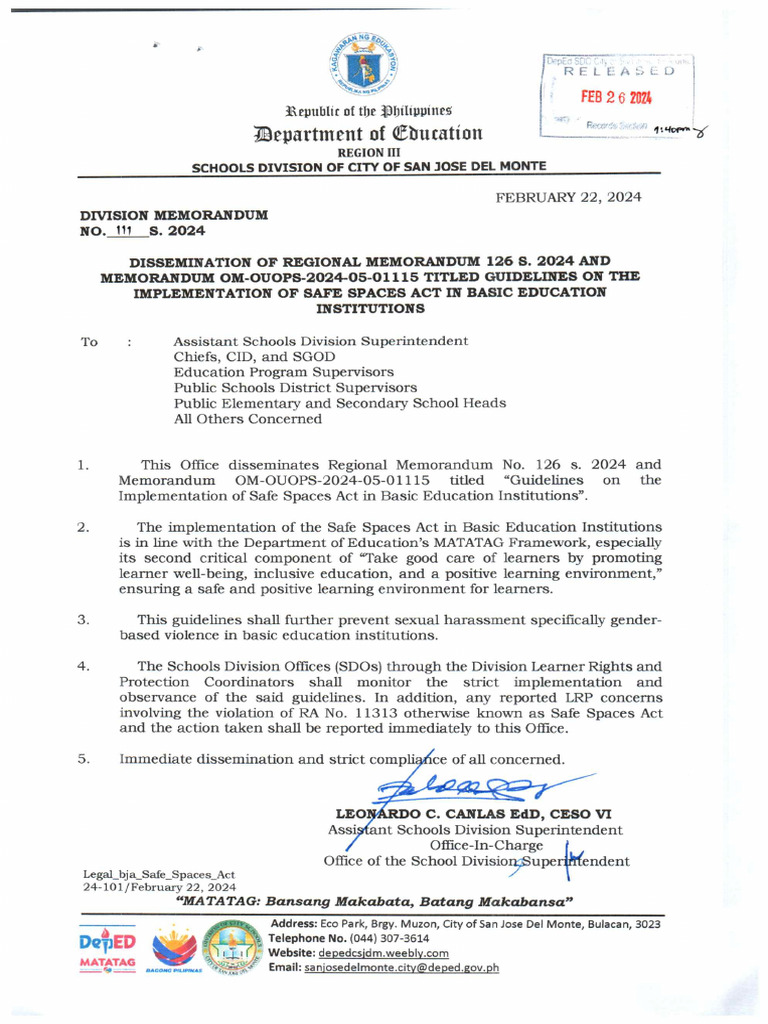SDM No. 111, s.2024 - Dissemination of Regional Memorandum 126 S. 2024 and Memorandum OM-OUOPS ...