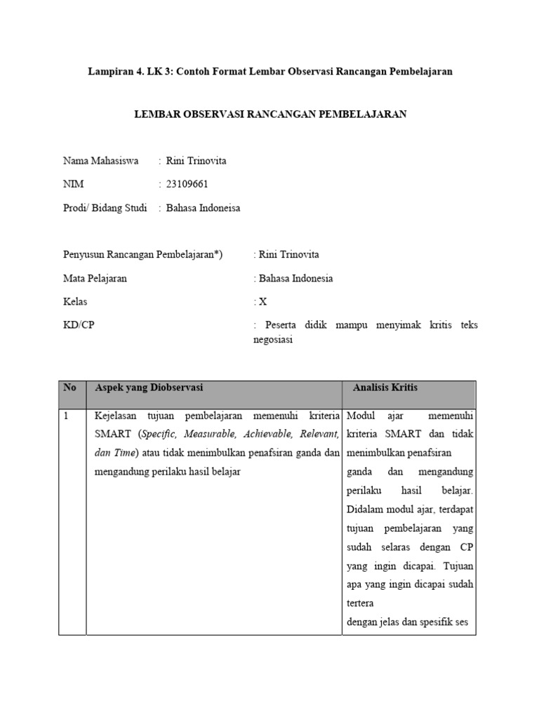 Lembar Observasi Rancangan Pembelajaran | PDF