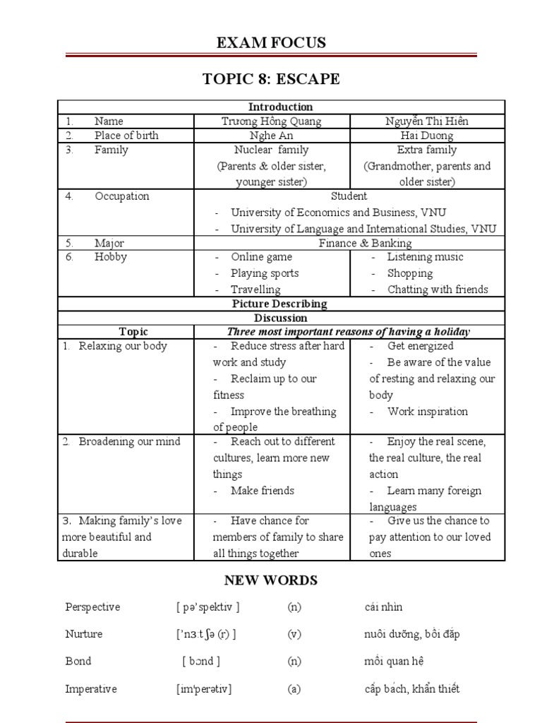 Exam Focus Topic 8: Escape: New Words | PDF | Wellness | Science ...