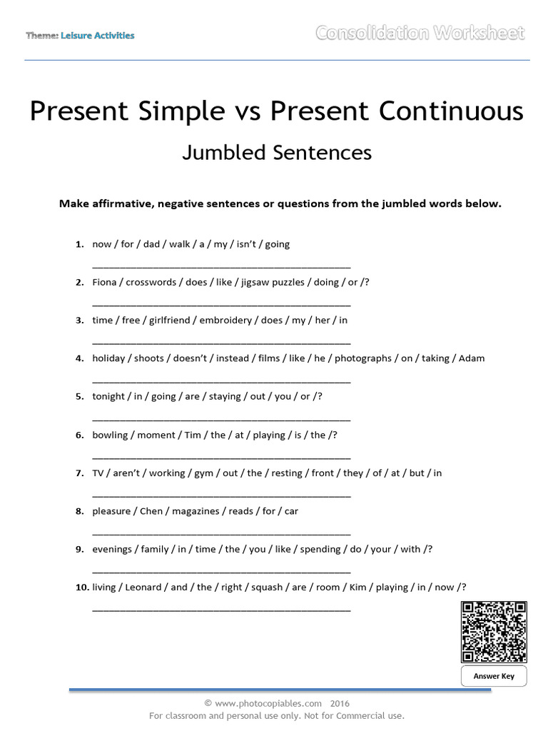 Present Simple Vs Present Continuous - Jumbled-Sentences ...