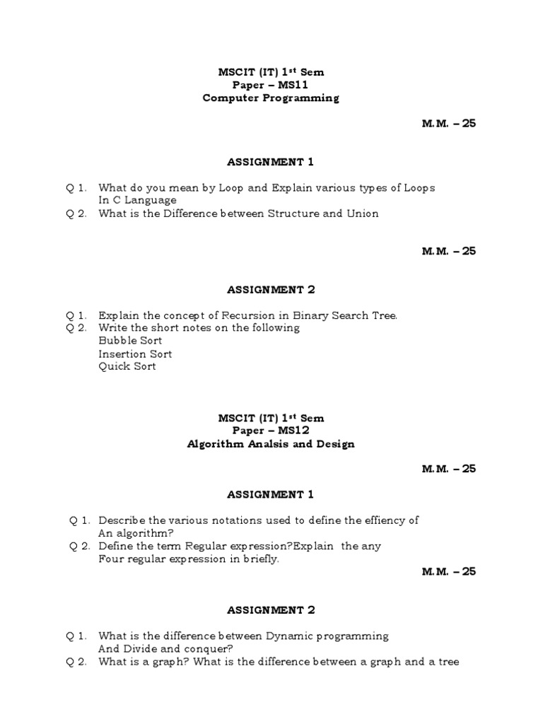Mscit (It) 1 Sem Paper - MS11 Computer Programming M.M. - 25 | PDF ...
