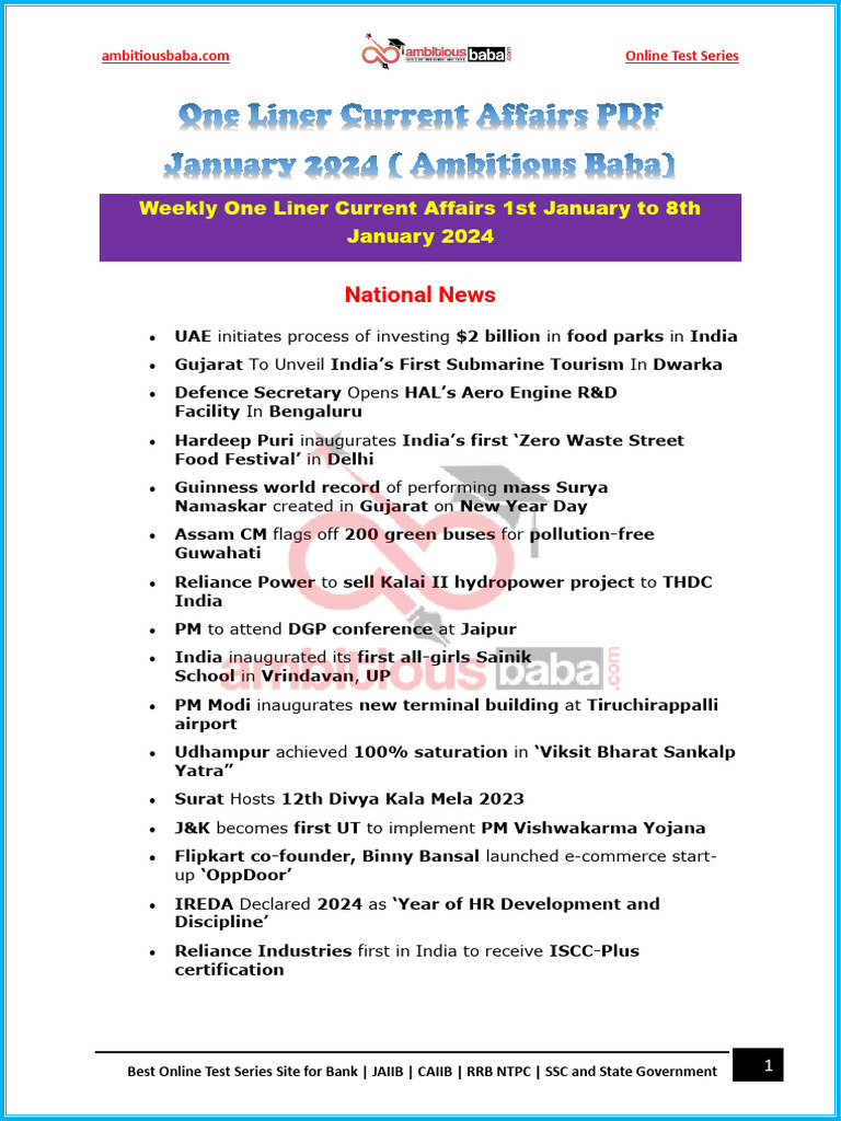Oneliners PDF Jan 2024 Ambitious Baba | PDF | Reserve Bank Of India | Economy Of India