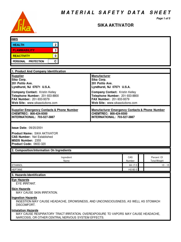 Msds-Sika Aktivator A | PDF | Firefighting | Personal Protective Equipment