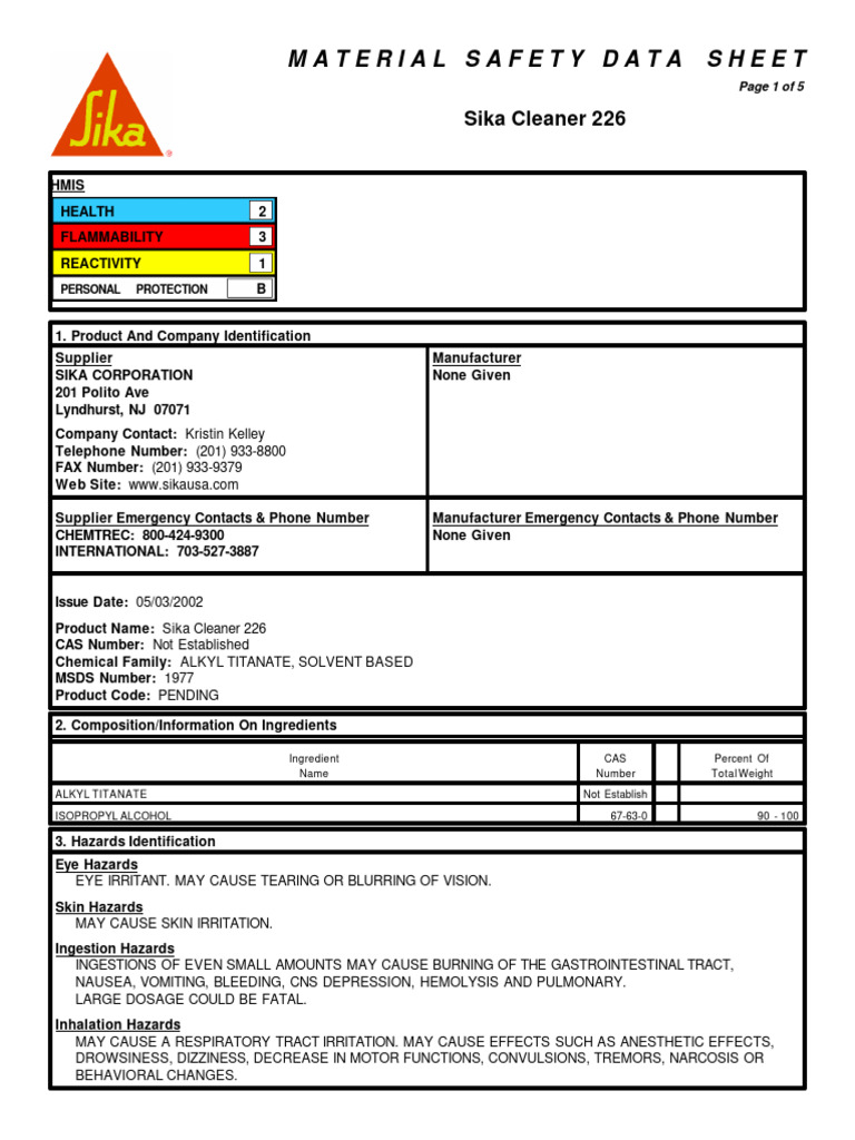 Msds-Sika Cleaner 226 | PDF | Firefighting | Occupational Safety And Health