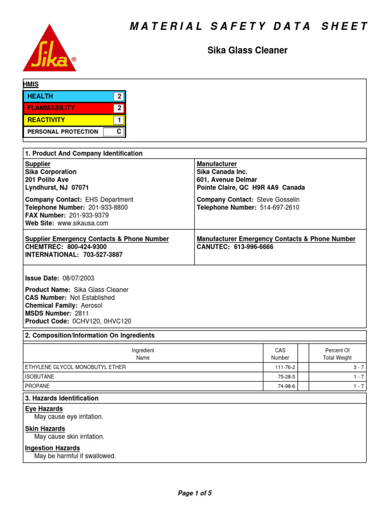 Msds-Sika Glass Cleaner | PDF | Dangerous Goods | Firefighter