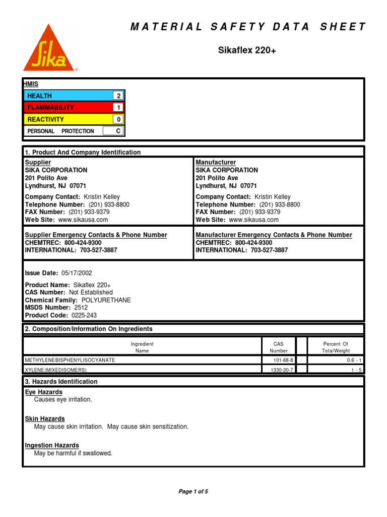Msds-Sikaflex220+ Oem | PDF | Firefighting | Volatile Organic Compound