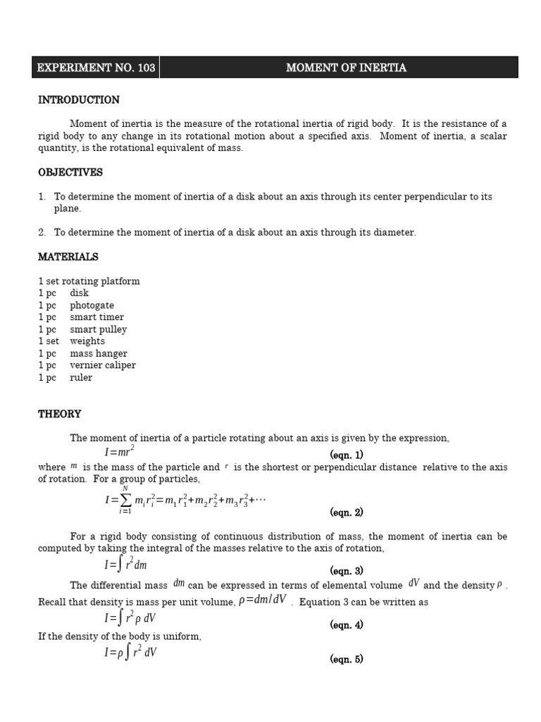 Experiment 103 Moment of Inertia | PDF | Rotation Around A Fixed Axis | Torque