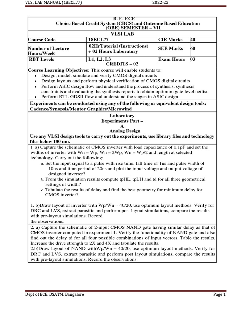 Vlsi Lab Manual (18ecl77) - 2022-23 | PDF | Cmos | Computer Engineering Vlsi Lab Manual (18ecl77) - 2022-23 | PDF | Cmos | Computer Engineering