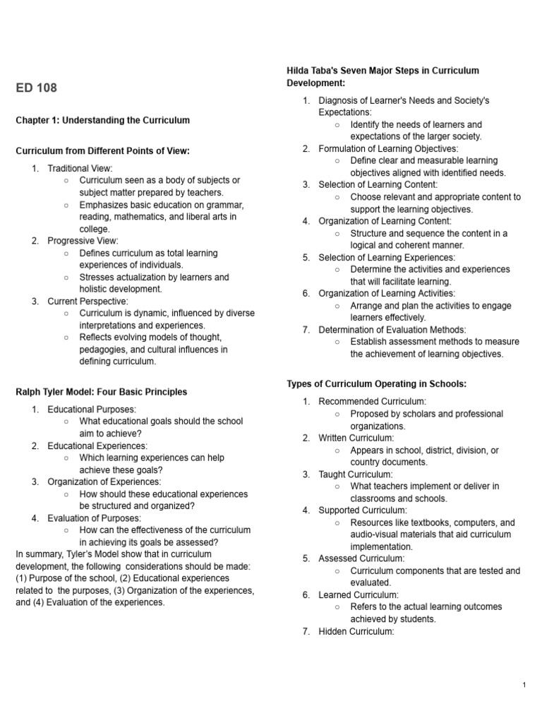 ED 108 Chapter 1 - Understanding The Curriculum | PDF | Curriculum | Learning