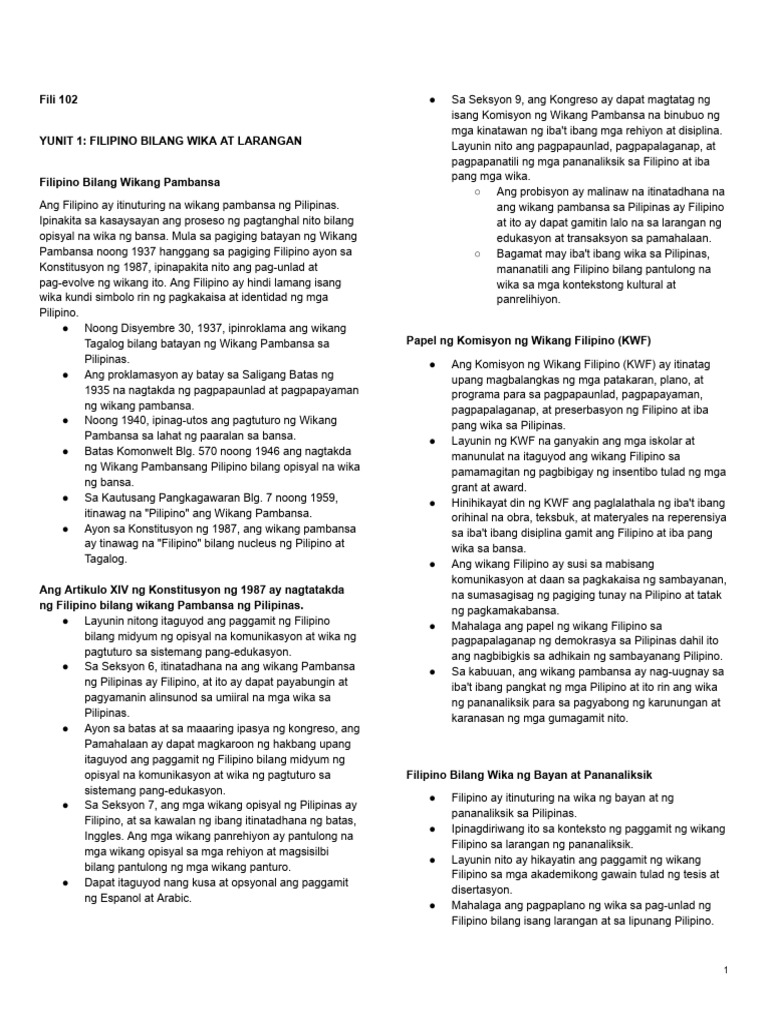 Fili 102 Reviewer Yunit 1-4 | PDF