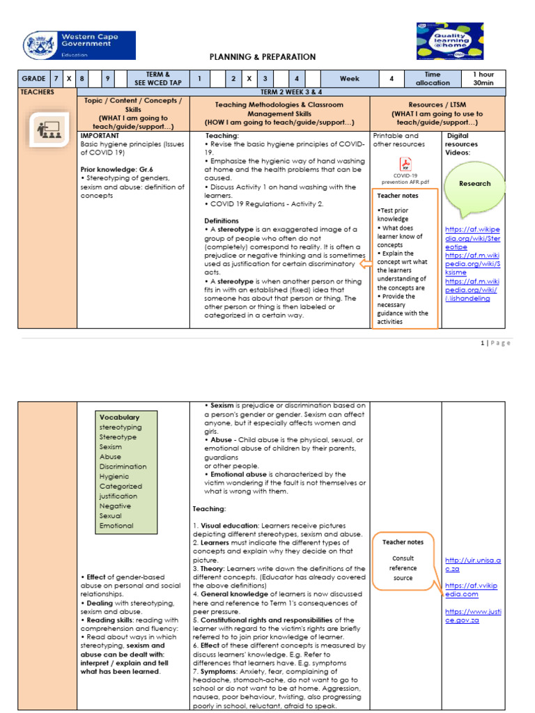 Lesson Plan Gr. 7 Life Orientation T2 W4 | PDF | Sexism | Stereotypes