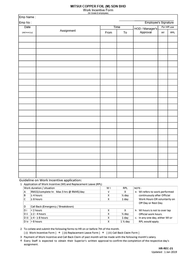 Work Incentive Form (Empty) | PDF