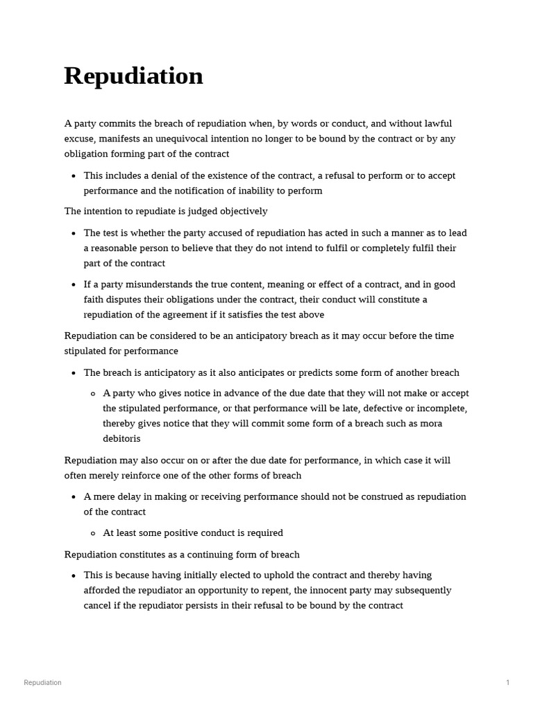 Repudiation | PDF | Breach Of Contract | Legal Concepts