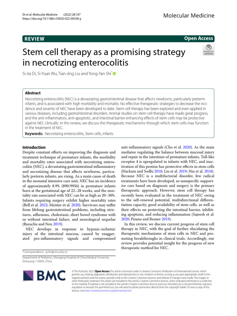 Stem Cell Therapy As A Promising Strategy in Necrotizing Enterocolitis ...