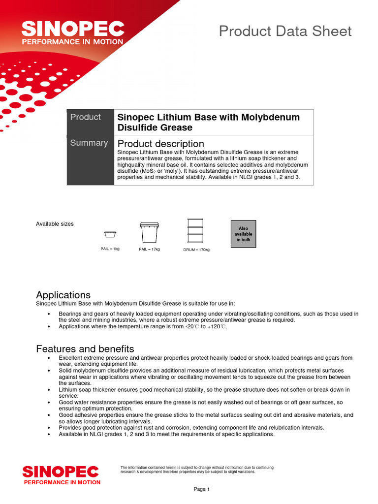 Sinopec Lithium Grease Product Data Sheet | PDF | Materials