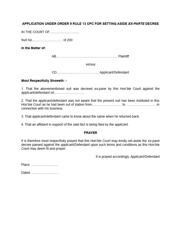 Application Under Order 9 Rule 13 CPC For Setting Aside Ex-Parte Decree | PDF | Law | Home & Garden