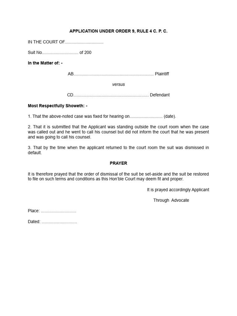 Application Under Order 9, Rule 4 c. p. c. | PDF