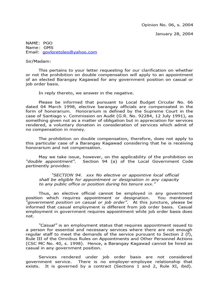 Prohibition On Double Compensation of Brgy Kagawad - Prohibition of ...