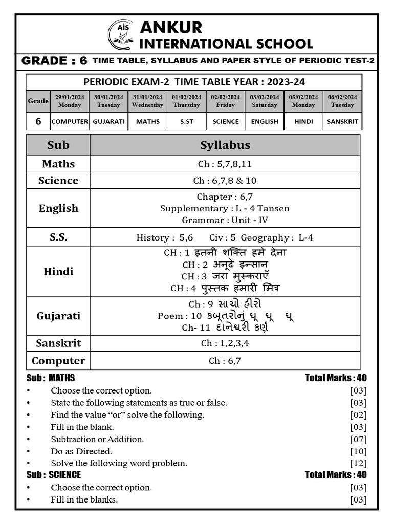 Grade 6 Time Table-Syllabus and Paper Style-1 | PDF | Question ...