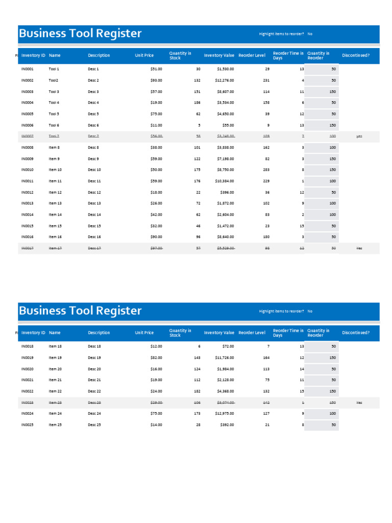 Business Tool Register Template | Download Free PDF | Inventory ...