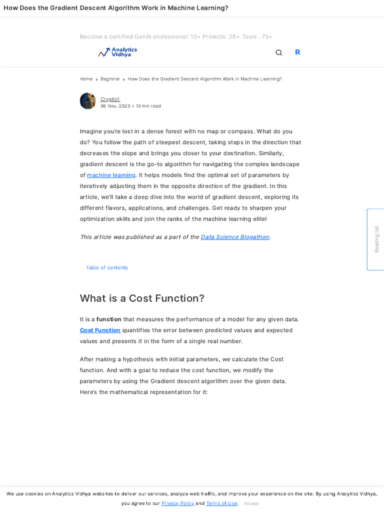 Gradient Descent Algorithm in Machine Learning - Analytics Vidhya | PDF ...