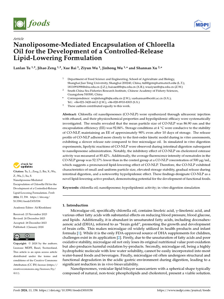 NanoliposomeMediated Encapsulation of Chlorella Oil For The Development ...