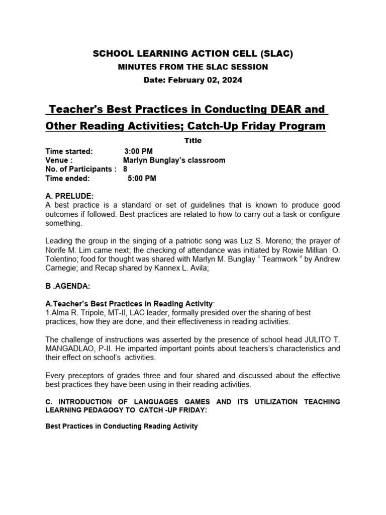 CATCH UP PROGRAM SLAC Minutes (AutoRecovered) | PDF | Reading ...