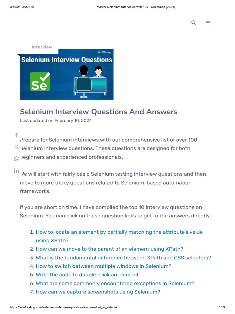 Master Selenium Interviews With 100+ Questions (2024) | PDF | Selenium (Software) | X Path