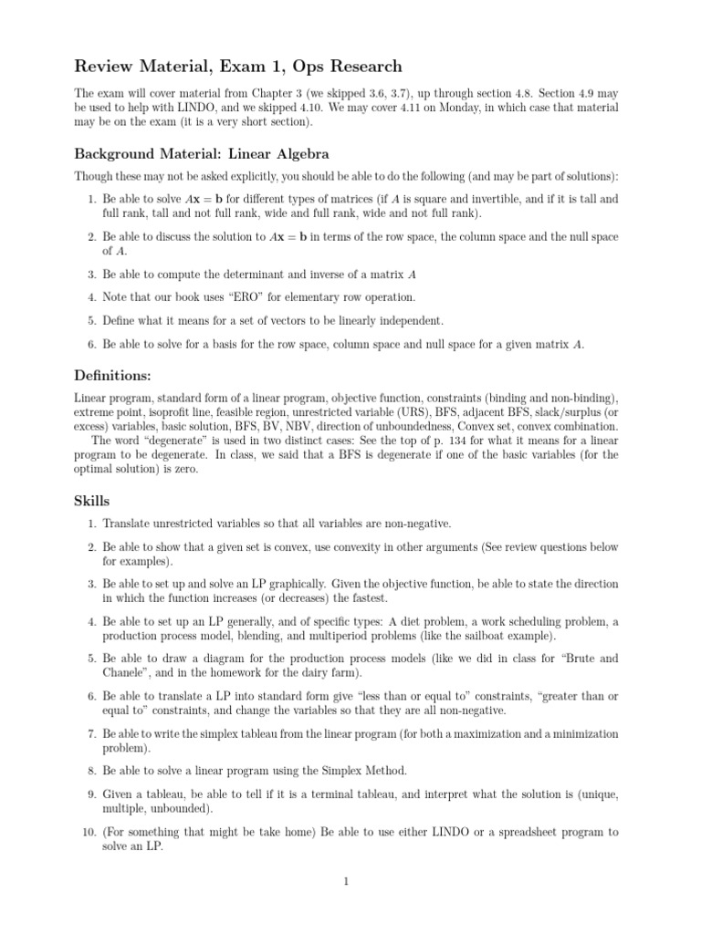 Exam 1 Rev | PDF | Linear Programming | Matrix (Mathematics)