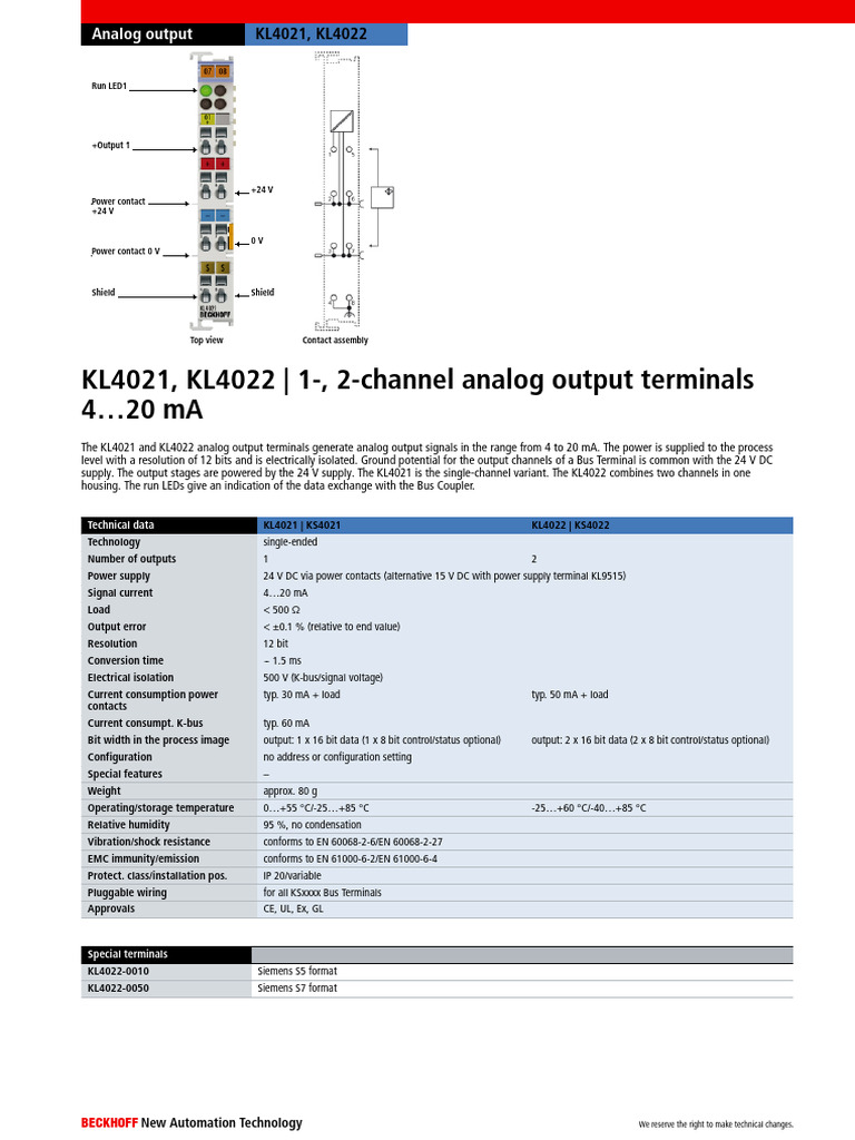 Bekhoff Analog Ut kl4021 - kl4022 | PDF | Power Supply | Telecommunications