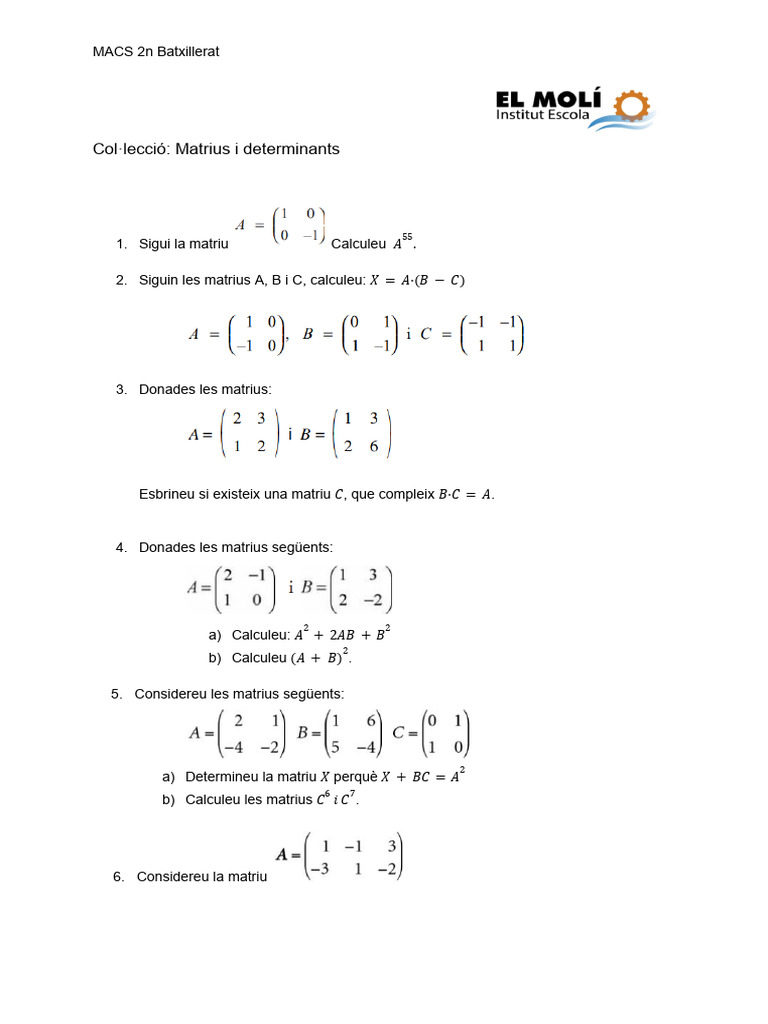 Col Lecció D'exercicis - Matrius, Operacions, Equacions I Rangs | PDF